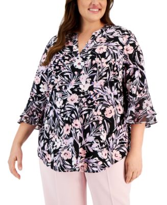Kasper Plus Size Printed V-Neck Three-Quarter-Length Sleeve Top - Macy's