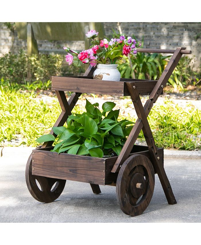 Outsunny Wood Wheeled Garden Box w/ Rustic Look & 2 Tiers for Grow ...