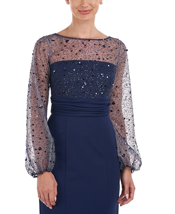 JS Collections Women's Embellished Mesh Balloon-Sleeve Gown - Macy's