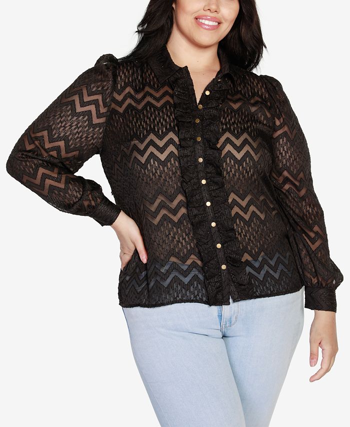 Belldini Black Label Plus Size Button-Front Collared Ruffle Top - Macy's