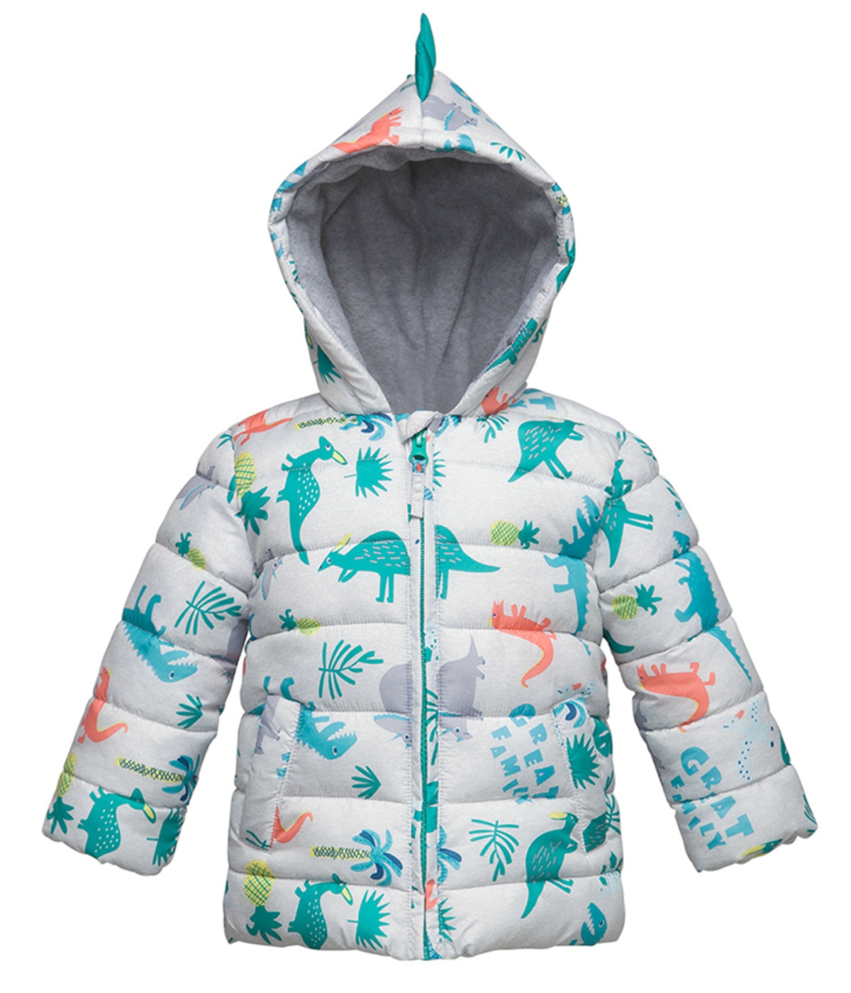 Rokka&Rolla Baby Boys Baby Fleece Hooded Puffer Coat - Grey Dino