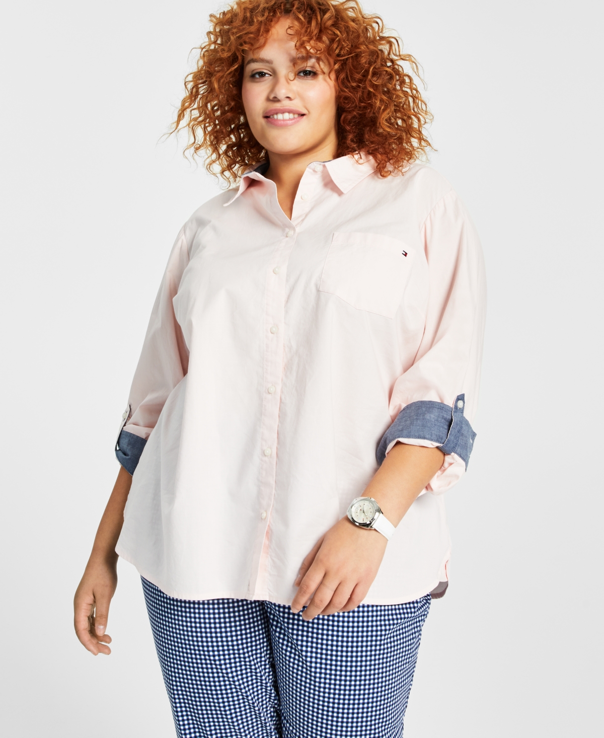 Tommy Hilfiger Plus Size Cotton Roll-Tab Shirt - Ballet Pink