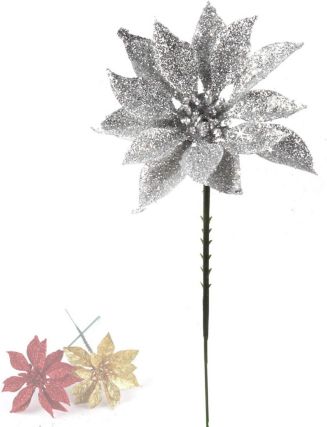 Floral Home 5" Silver Glitter Poinsettia Picks - 24-Pack of Festive ...
