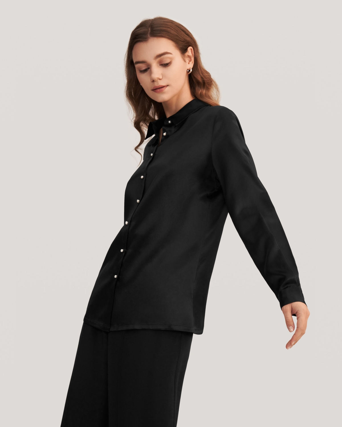 Click here for Womens Classic Pearl Button Silk Shirt - Black prices