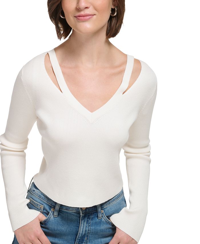 Calvin Klein Jeans Women's Cropped Rib-Knit Slashed V-Neck Top ...