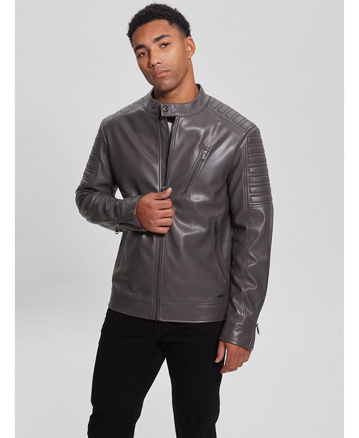 GUESS Men's Faux-Leather Biker Jacket - Macy's
