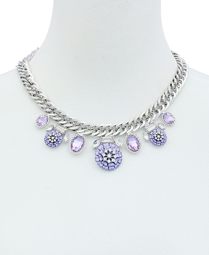 GUESS Silver-Tone Mixed Crystal Purple Flower Statement Necklace, 17 ...