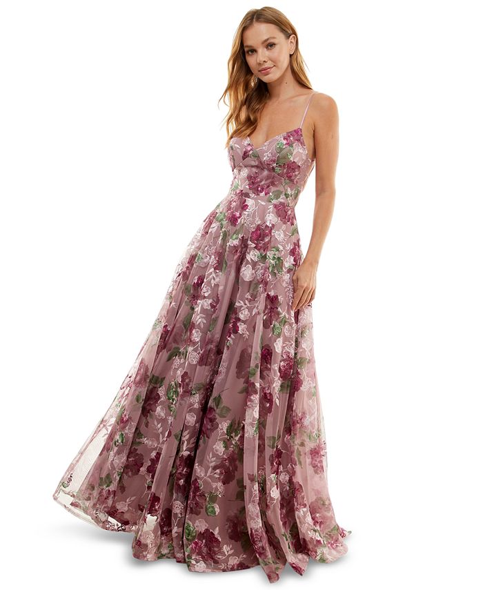 Say Yes to the Prom Juniors' Embroidered Floral Lace-Up Gown, Created ...