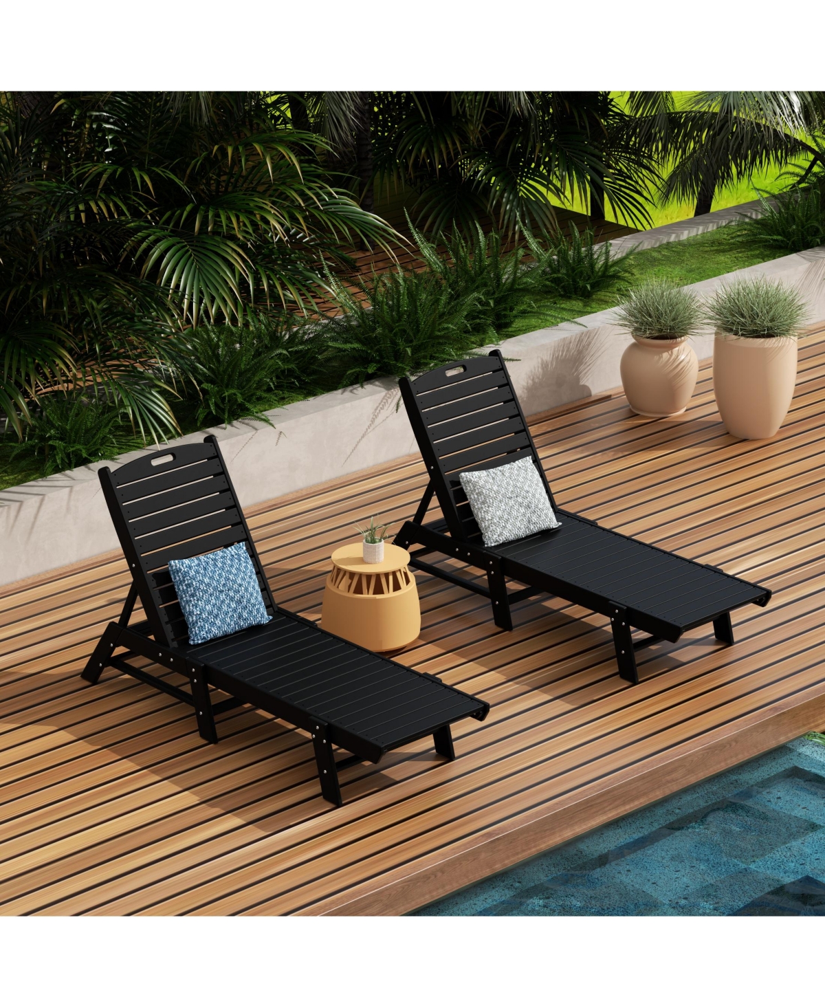 WestinTrends Poly Reclining Outdoor Patio Chaise Lounge Chair Adjustable (Set of 2) - Black
