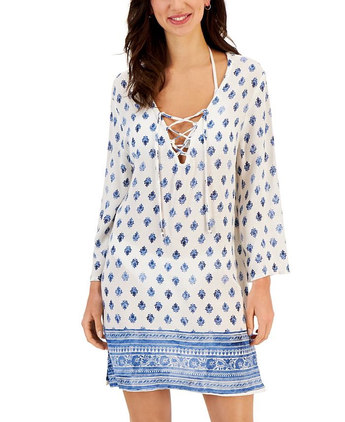 J Valdi Women's Venice Lace-Up-Neck Tunic Cover-Up - Macy's