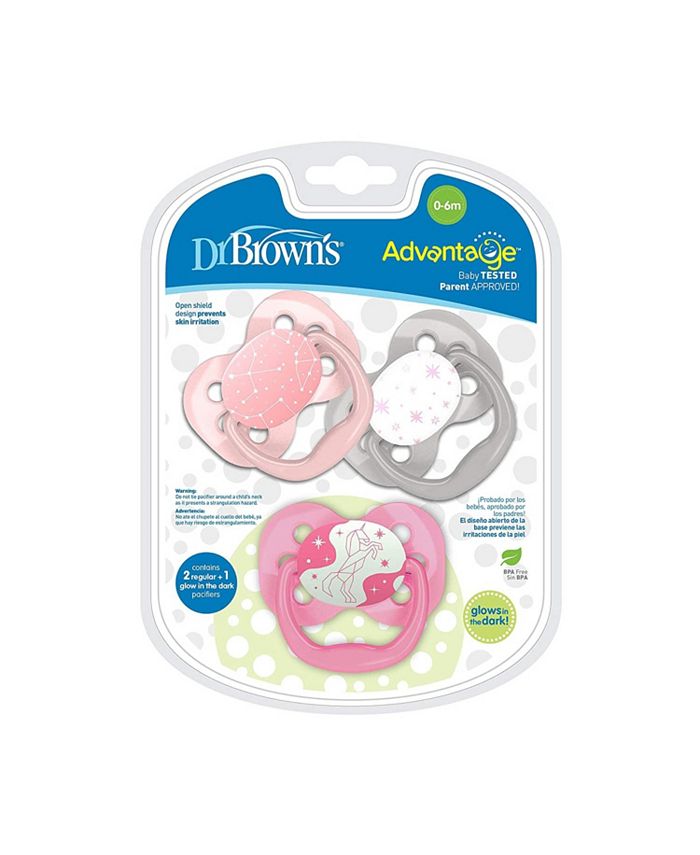 Dr. Browns Advantage Symmetrical Pacifier, Pink, Glow-in-the-Dark, 3 ...