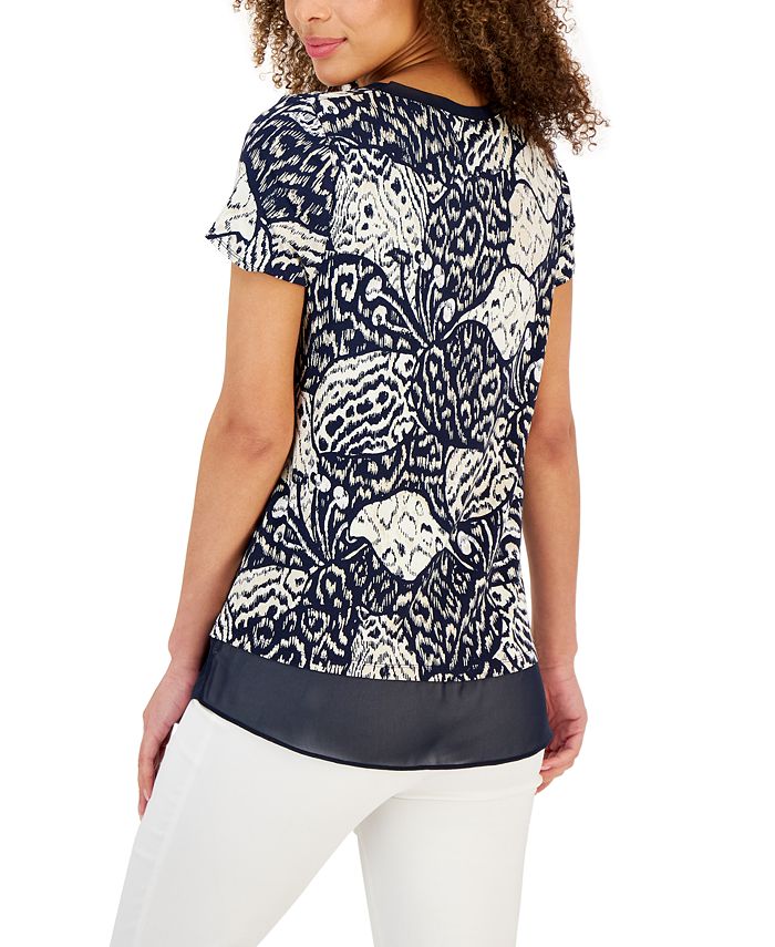 JM Collection Women's Ikat-Print Sheer-Hem Layered-Look Top, Created ...