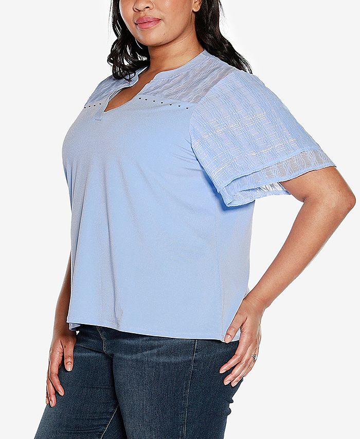 Belldini Black Label Plus Size Split Neck Mixed Media Top - Macy's