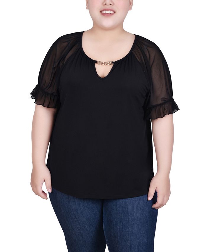 NY Collection Plus Size Short Ruffle Sleeve Top with Rhinestones - Macy's