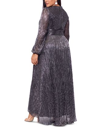 Betsy & Adam Plus Size Metallic Long-Sleeve Wrap Gown - Macy's