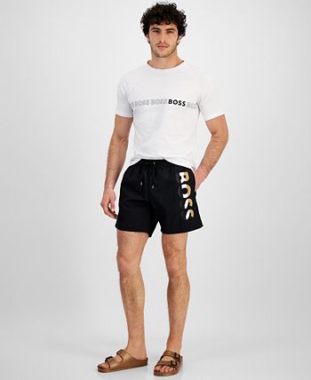 Hugo Boss Men's 5" Bold Striped Vertical Logo Drawstring Swim Trunks ...
