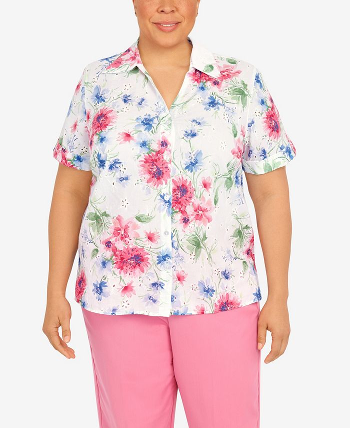 Alfred Dunner Plus Size Sweet Florals Eyelet Top - Macy's