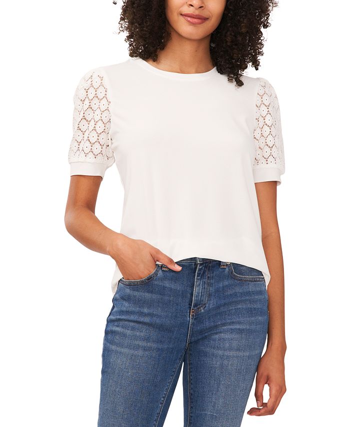 CeCe Women's Short Sleeve Mixed Media Lace Knit Top - Macy's
