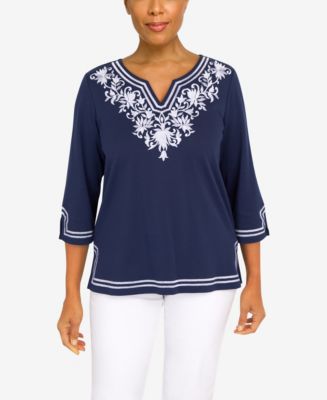 Alfred Dunner Petite Embroidered Scroll Yoke Top - Macy's