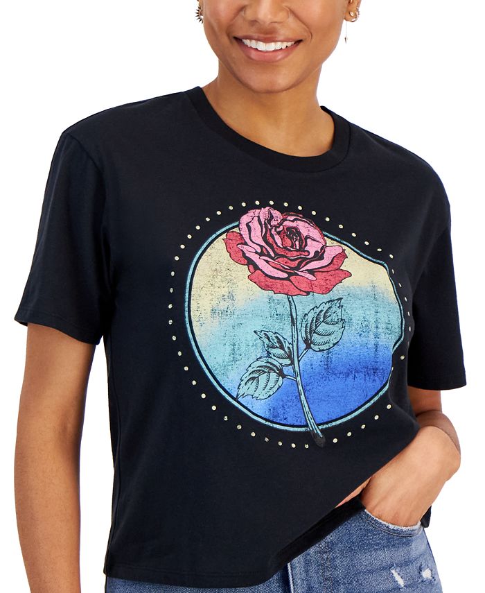 Rebellious One Juniors' Cropped Rose Short Sleeve T-Shirt - Macy's