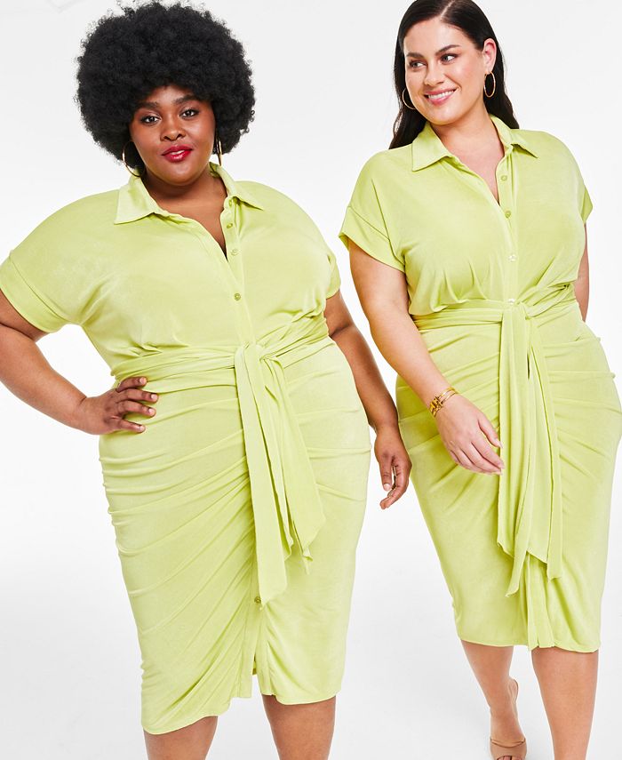 Nina Parker Trendy Plus Size Tie Front Ruched Shirtdress Macys