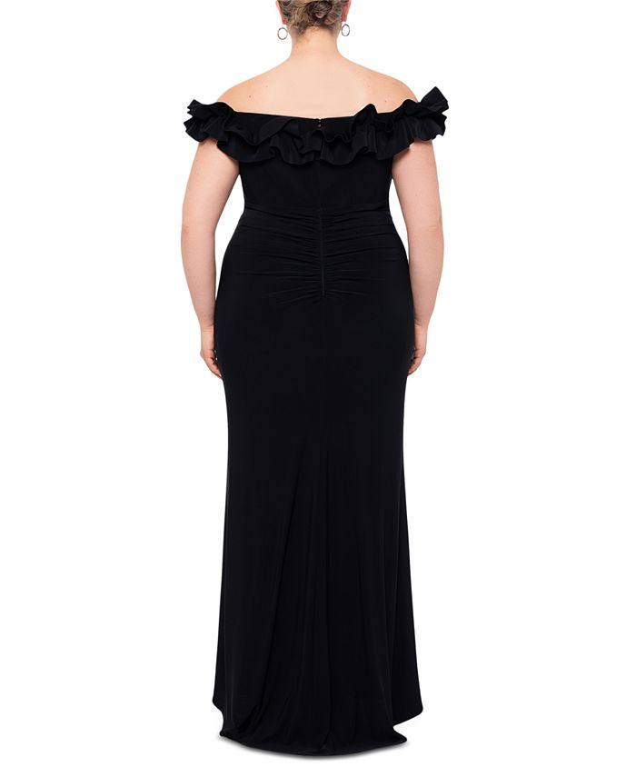 XSCAPE Plus Size Ruffled Off-The-Shoulder Long Sheath Dress - Macy's