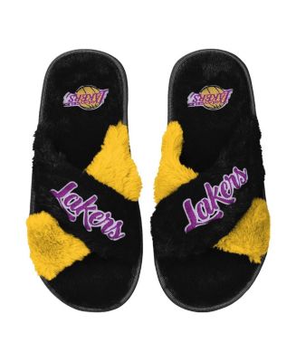 Women's FOCO Black Los Angeles Lakers Two-Tone Crossover Faux Fur Slide ...