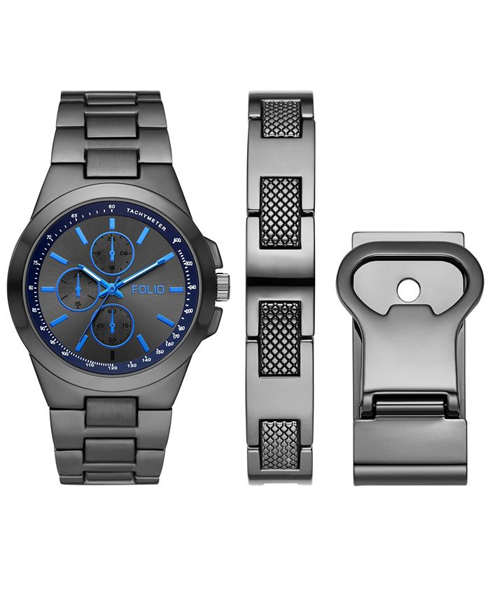 Folio Men's Three Hand Gunmetal 43mm Watch, Bracelet and Bottle Opener ...