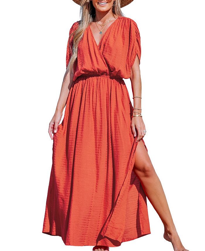 CUPSHE Women's Allyssa Surplice Ruched Maxi Cover Up Dress - Macy's