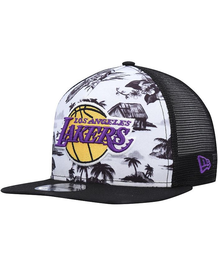 New Era Men's White, Black Los Angeles Lakers Tonal Palm Trees Trucker ...