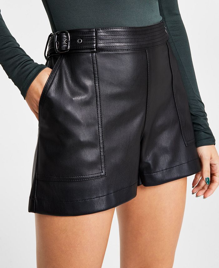 Bar III Petite Faux-Leather Buckle Shorts, Created for Macy's - Macy's