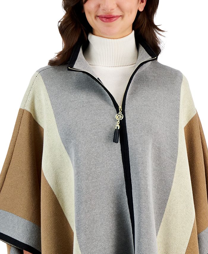 Anne Klein Colorblock Zip-Front Poncho Sweater - Macy's