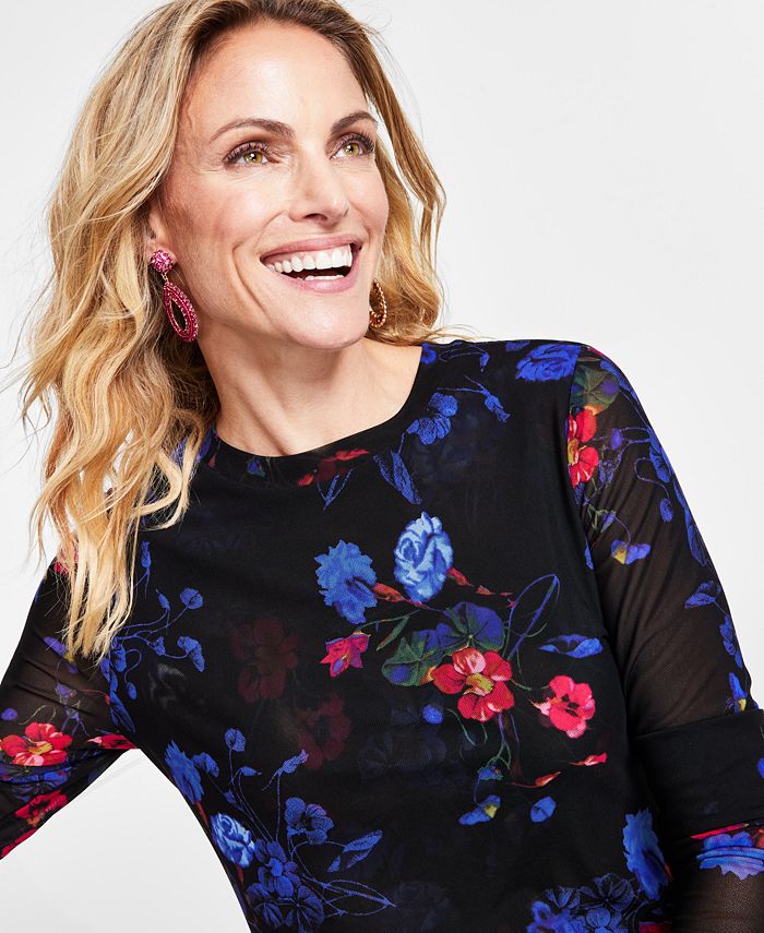 I.N.C. International Concepts Women's Printed Mesh Top, Created for ...