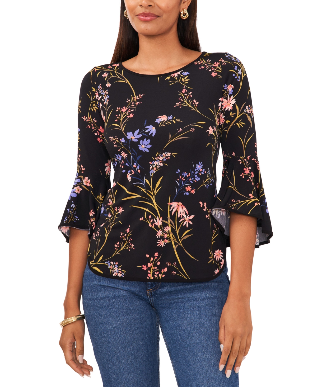 Sam & Jess Petite Contrast-trim Bell-sleeve Top In Rich Black Floral ...