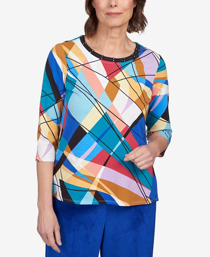 Alfred Dunner Petite Classics Double Strap Crew Neck Abstract Top - Macy's