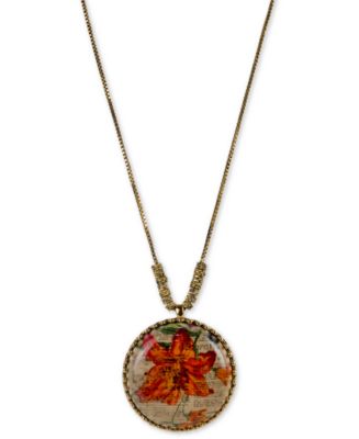 Patricia Nash Gold-Tone Flower Newsprint Long Pendant Necklace, 31" + 3 ...