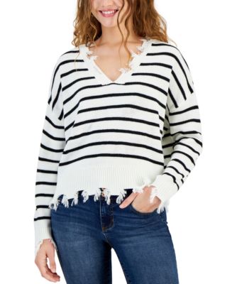 Just Polly Juniors' Drop-Shoulder Distressed-Edge Sweater - Macy's