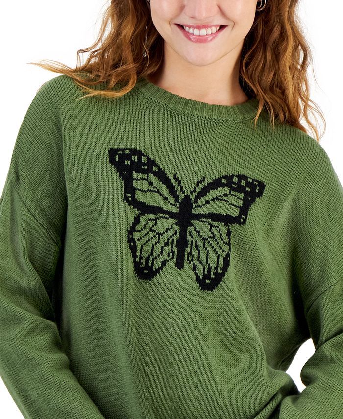 Just Polly Juniors' Butterfly Graphic Ribbed-Edge Sweater - Macy's