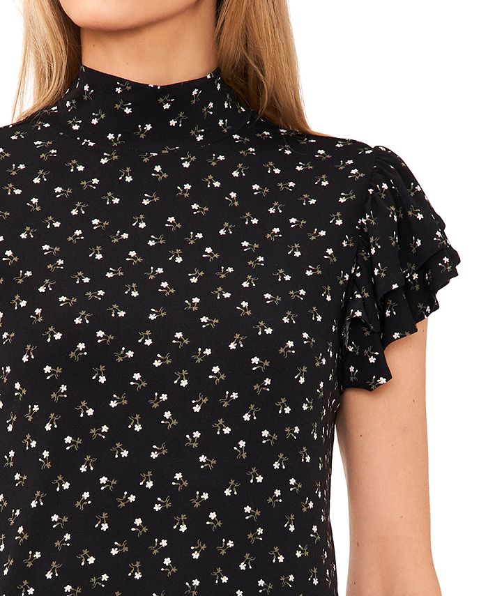 CeCe Women's Mock Neck Double Ruffle Sleeve Floral-Print Knit Top - Macy's