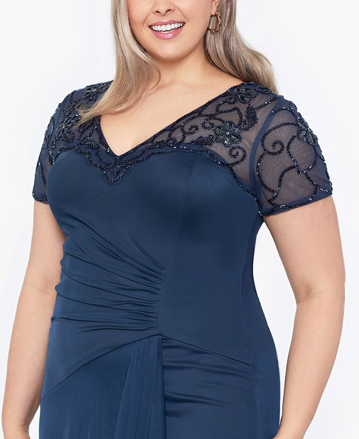 XSCAPE Plus Size Beaded Illusion-Trim Side-Ruched Gown - Macy's