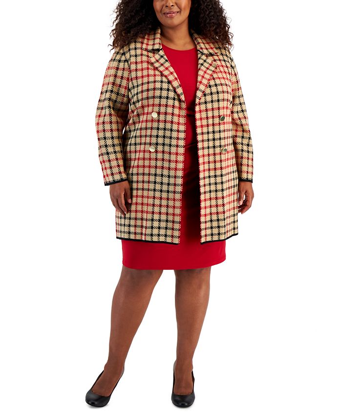 Kasper Plus Size Check Print Notched Collar Coatigan Macys