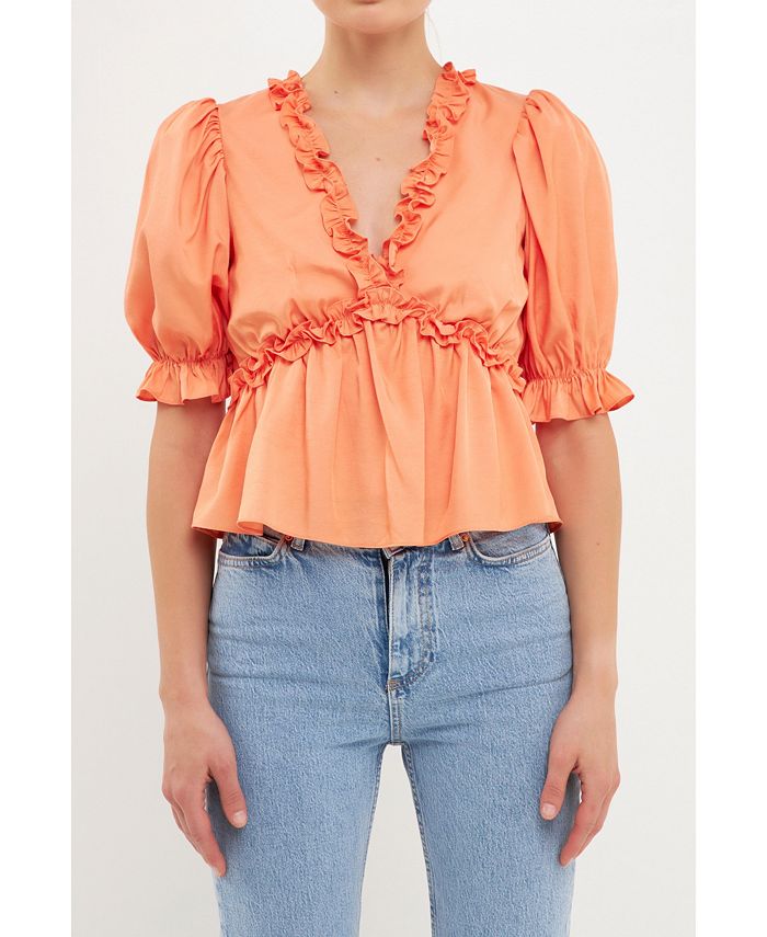 endless rose Women's Ruffle Detail Top with Puff Sleeves - Macy's
