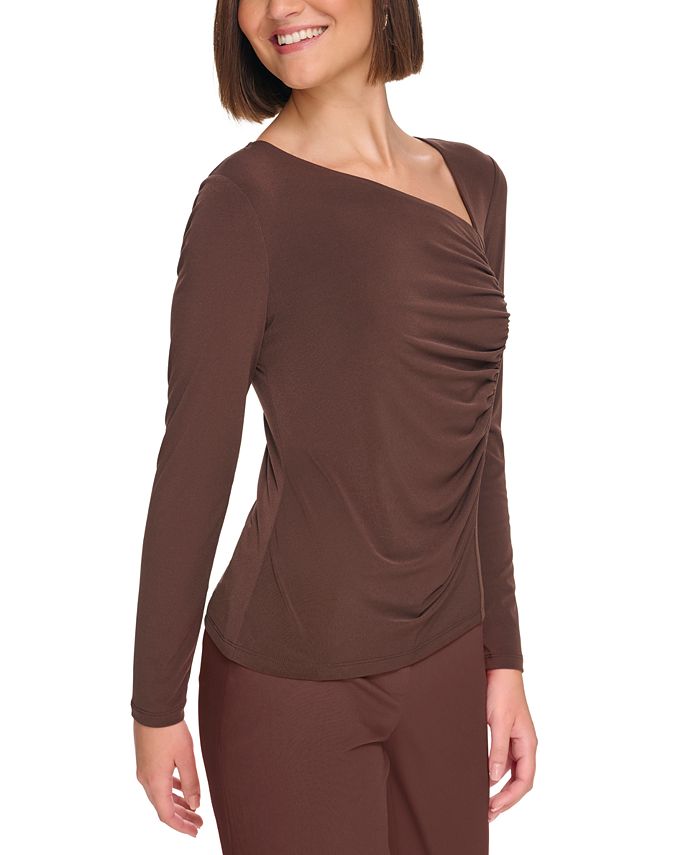 Calvin Klein Petite Ruched Asymmetric Long-Sleeve Top - Macy's