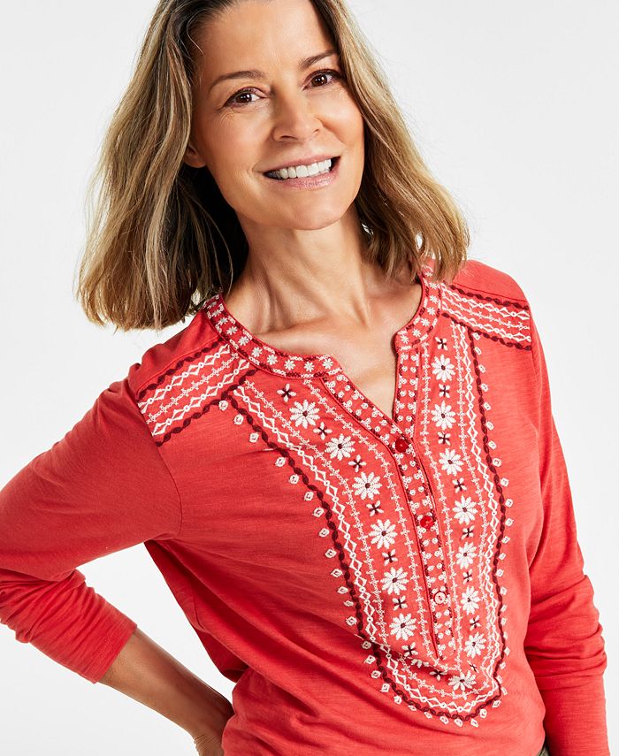 Style And Co Womens Embroidered Henley Knit Top Created For Macys Macys