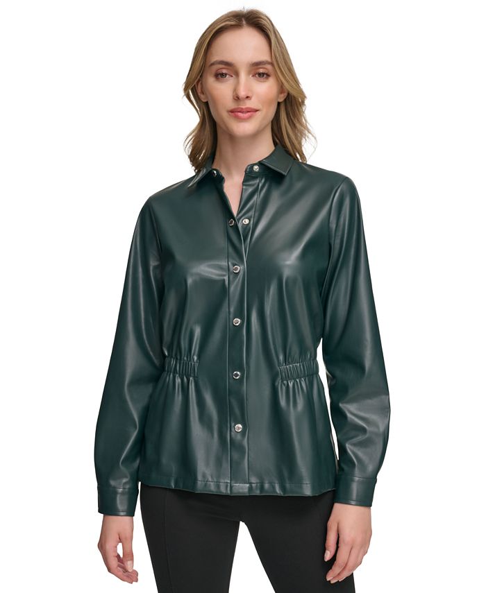 Calvin Klein Women's Faux-Leather Snap-Front Shirt - Macy's