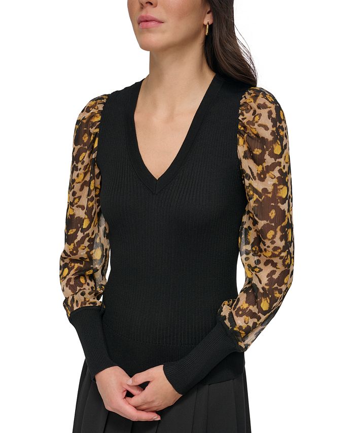 DKNY Women's Chiffon-Sleeve V-Neck Sweater - Macy's