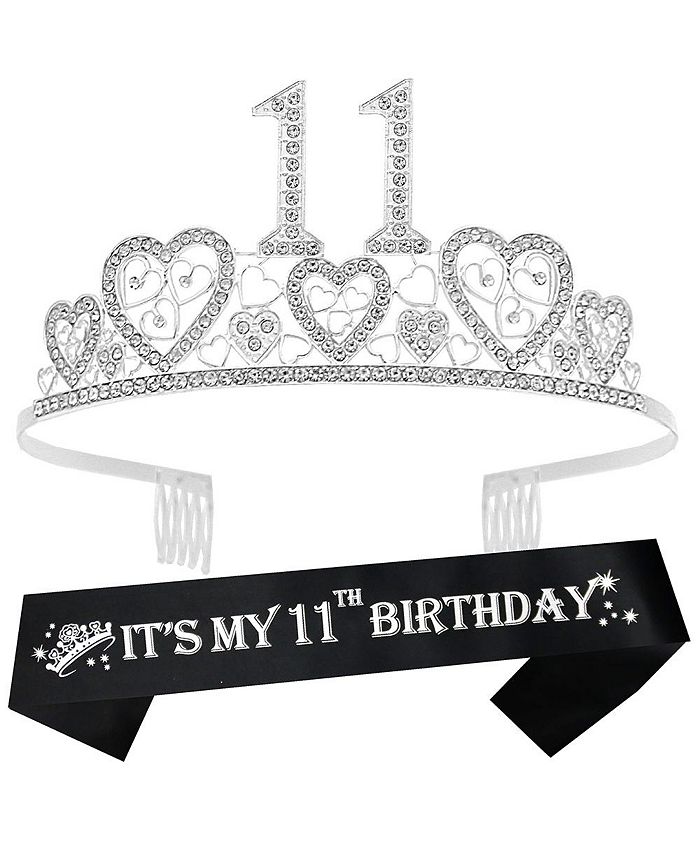 Meant2tobe 11th Birthday Glitter Sash and Silver Metal Tiara with ...