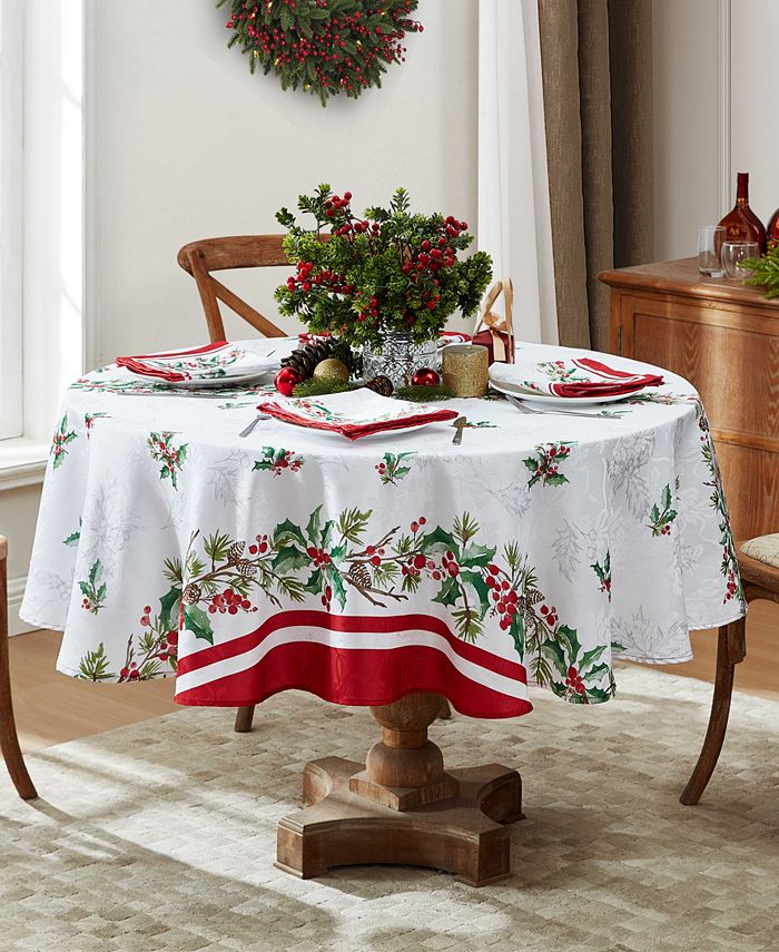Elrene Perfect Holly Double Border Tablecloth, 70" Round - Macy's