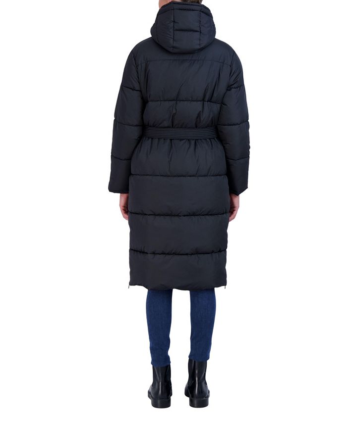 Sebby Collection Women's Long Puffer Jacket with Hood and Belt - Macy's