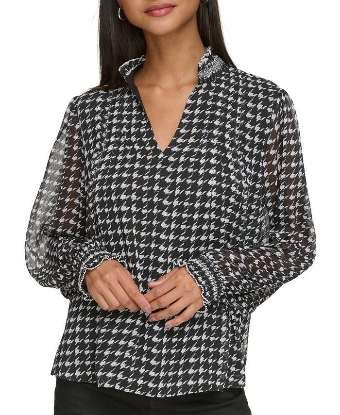 KARL LAGERFELD PARIS Women's Smocked-Trim Houndstooth Blouse - Macy's